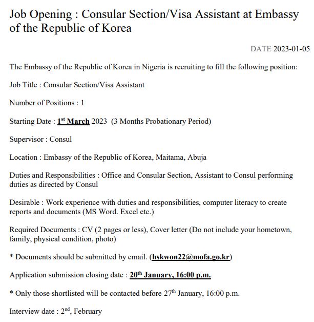 [Revised] Job position open: Consular section (Visa assistant) 상세보기 ...