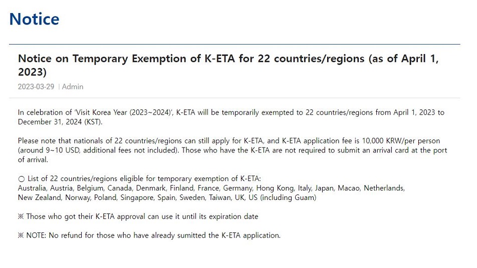 Notice on Temporary Exemption of K-ETA for 22 countries(as of 1.APR ...