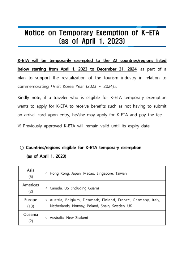 Notice on Temporary Exemption of K-ETA (as of April 1, 2023) 상세보기 ...
